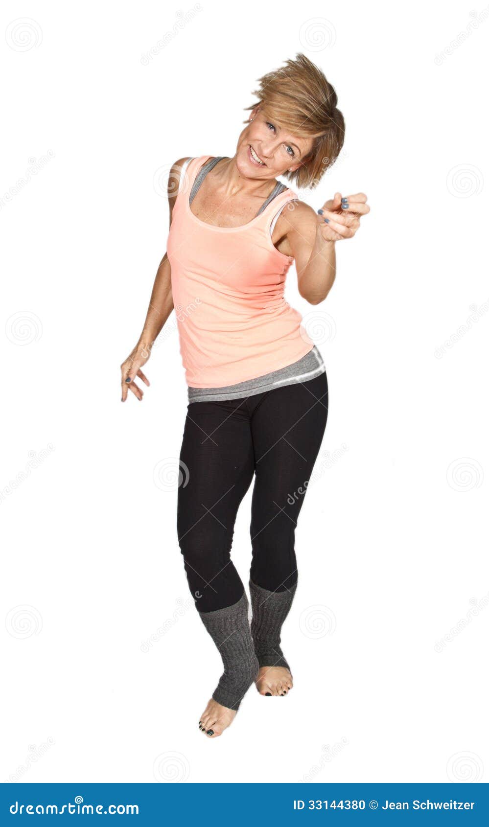 Cute Woman Standing and Dancing on Isolated White Background Stock ...