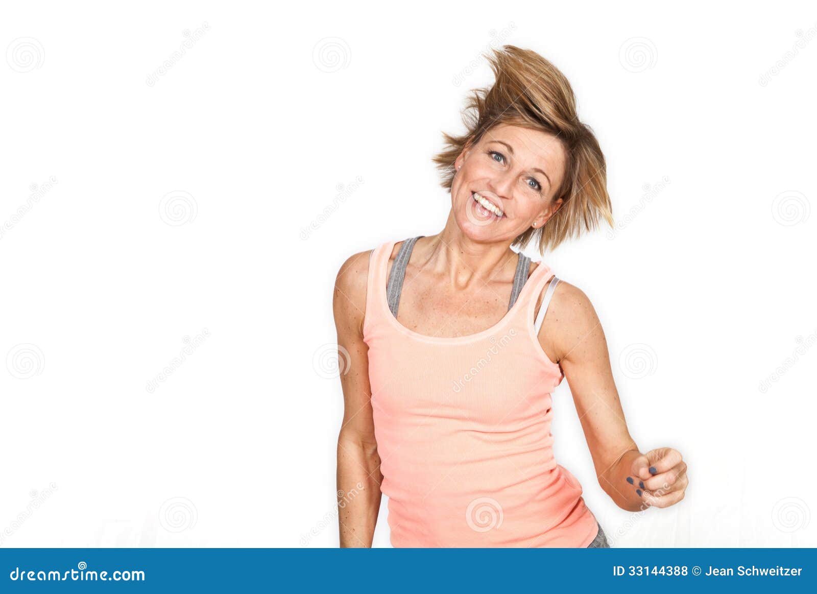Cute Woman Standing and Dancing on Isolated White Background Stock ...