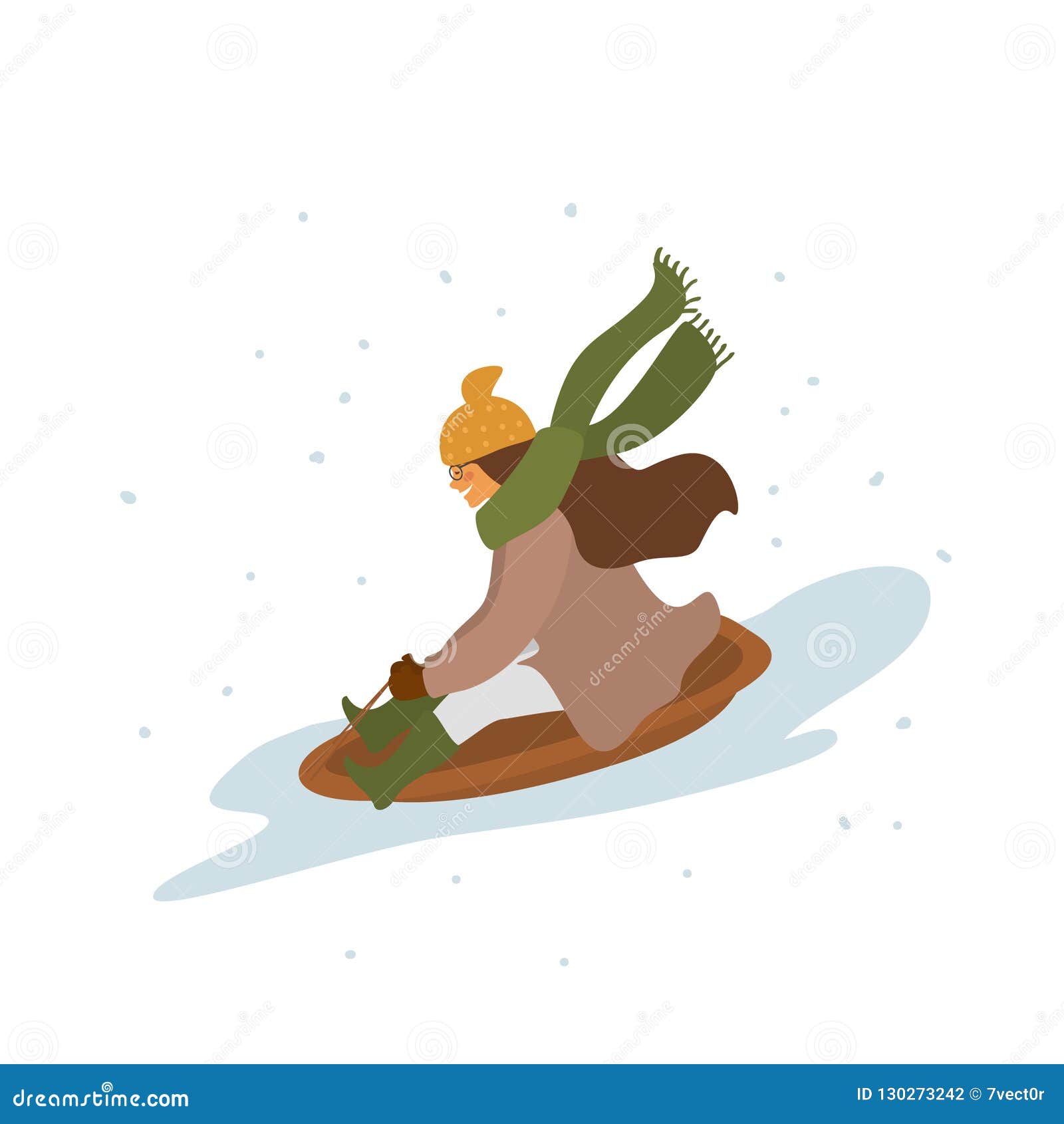 Winter Sledding, Fun Flat Vector Illustration. Little Girl In Warm ...