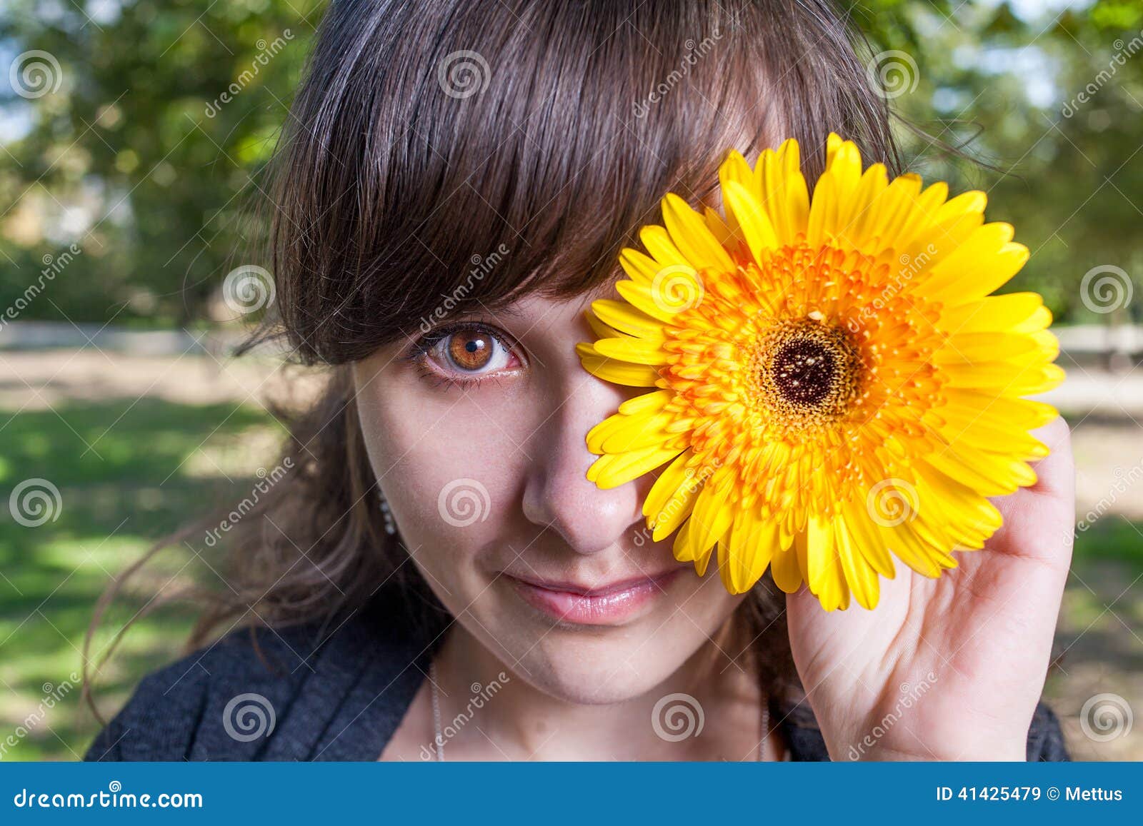 Cute Women Cover One Eye By Yellow Gerbera Stock Image Image Of Holding Face 41425479