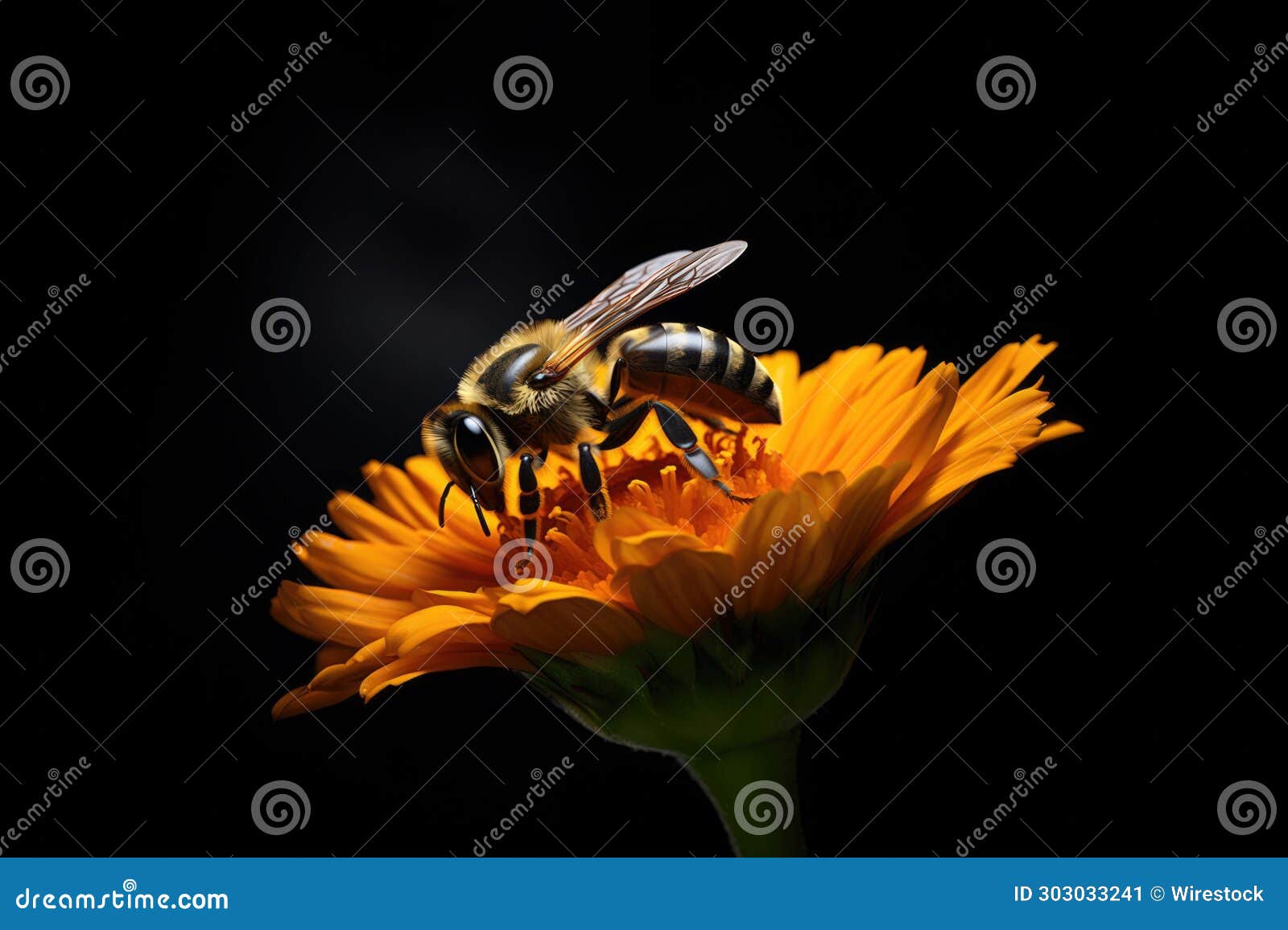 A Cute Bee with Big Eyes on a Flower, in Sharp Focus Against a Black ...