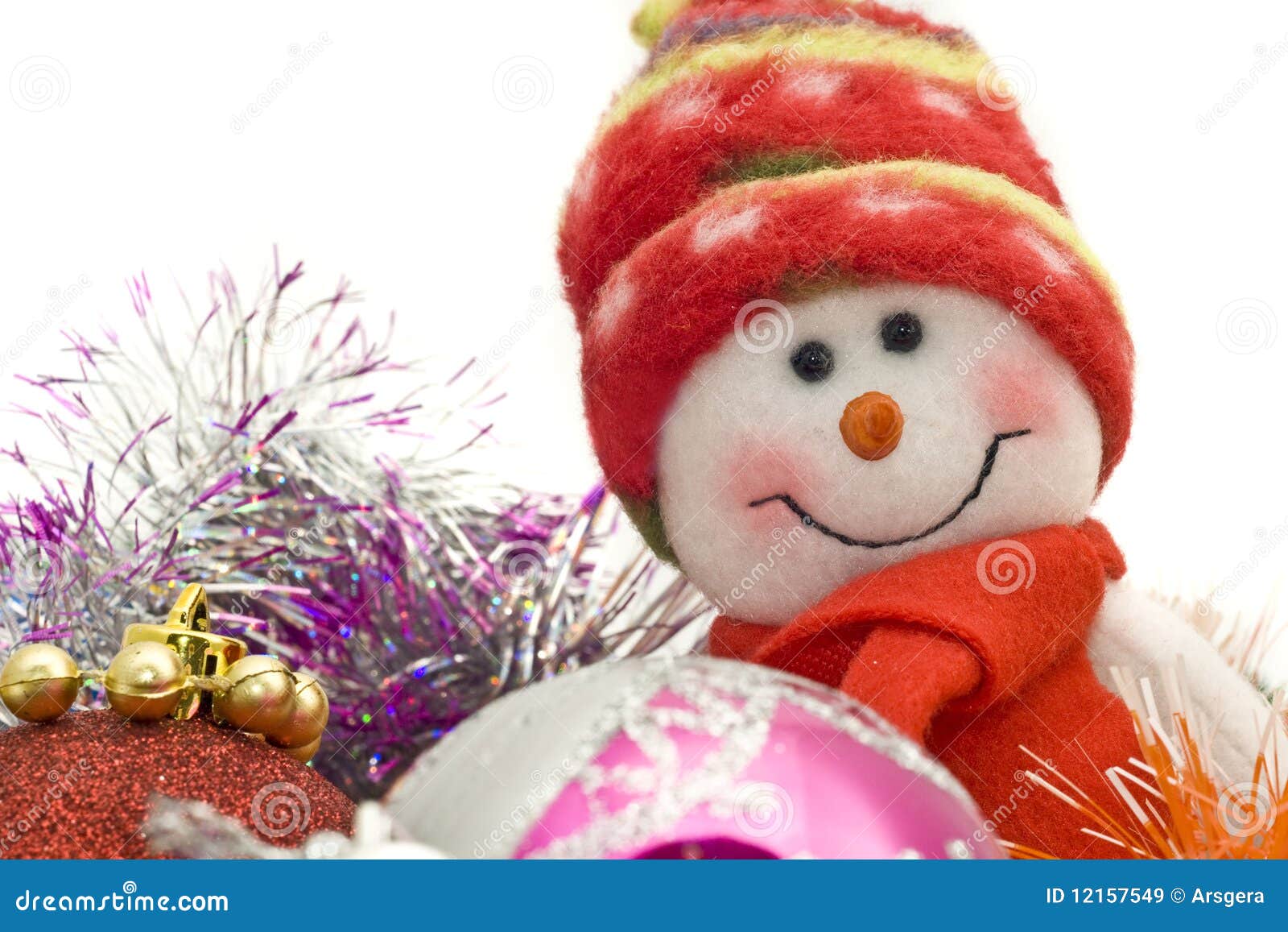 Cute Xmas Snowman and Decoration Baubles Stock Image - Image of gold ...