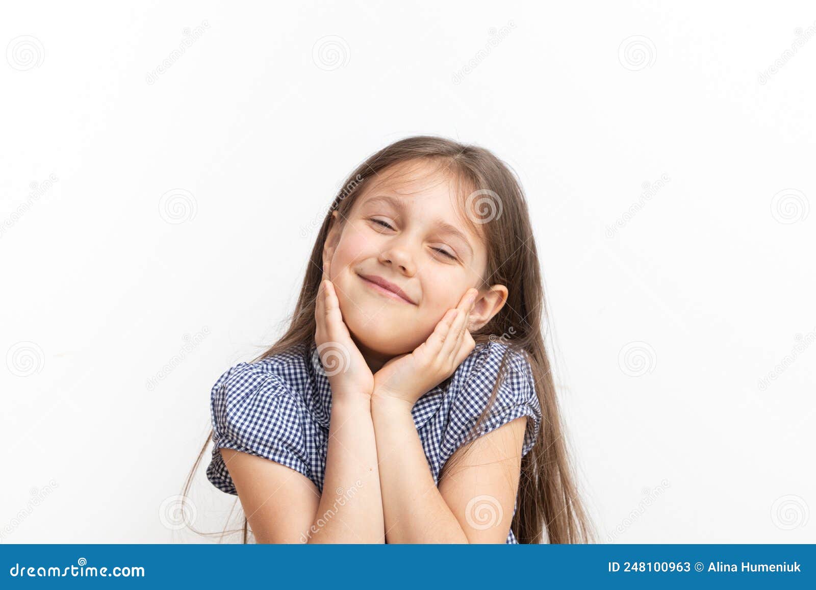 Cute 7 Year Old Girl Smiling and Holding Hands on Face Stock Image ...