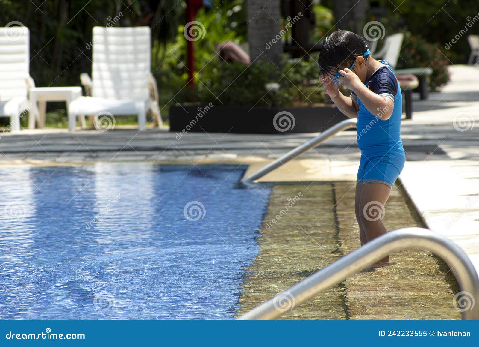Cute boy get ready to swim stock image. Image of pool - 242233555
