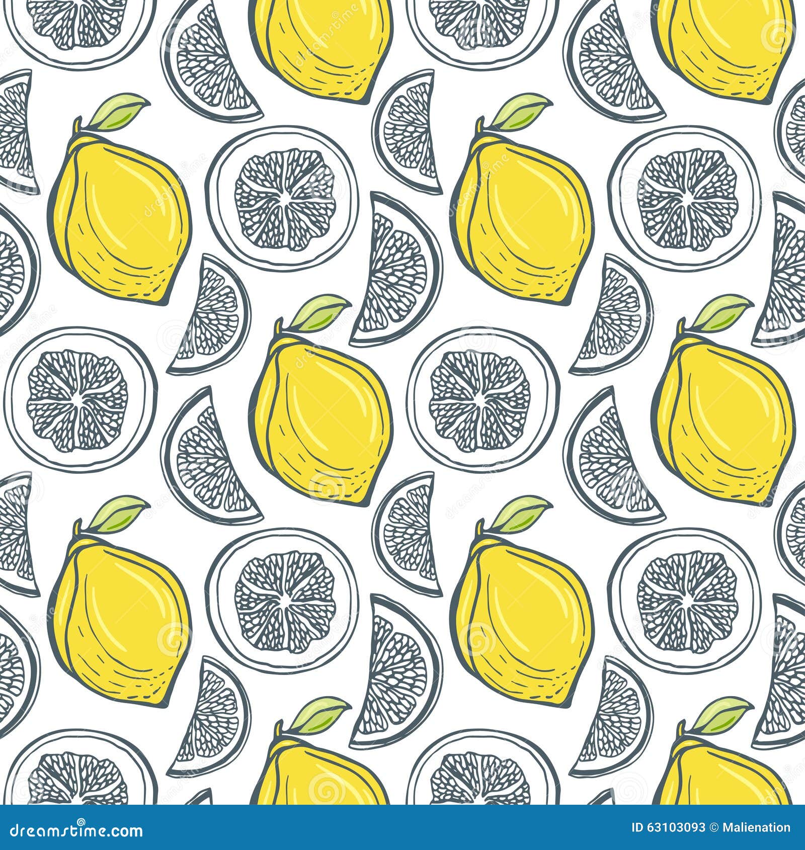 Cute Yellow Lemons Pattern. Vector Handdrawn Stock Vector ...