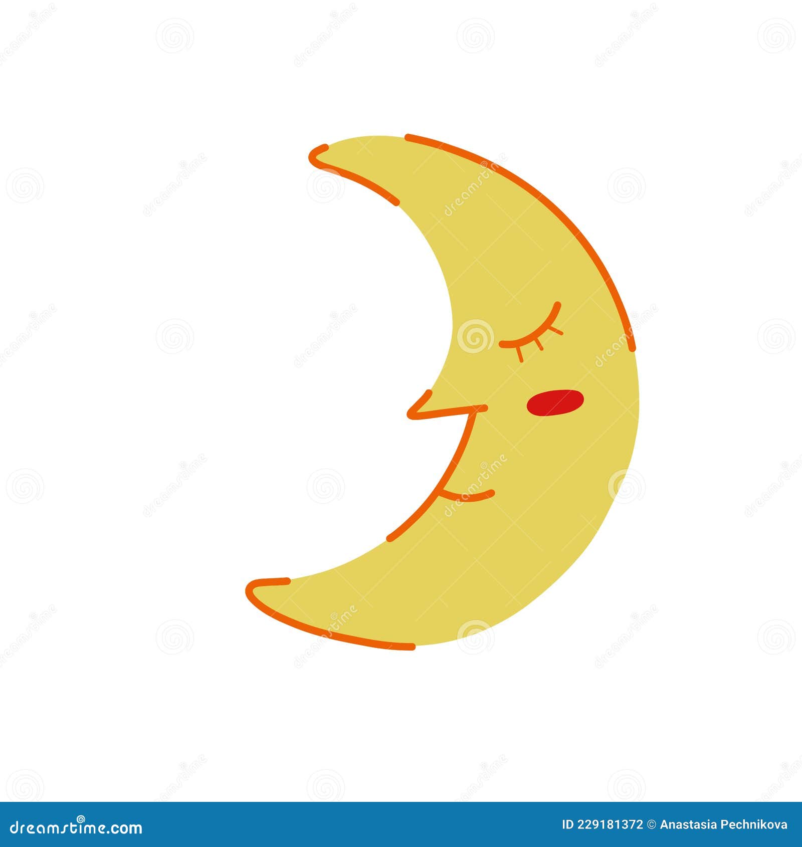 Cute Yellow Moon with Face. Sleeping Vector Moon Illustration on White ...