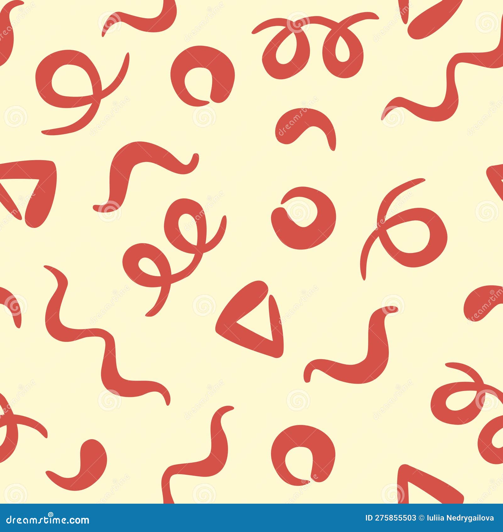 Cute Yellow Red Line Squiggle Doodle Seamless Pattern, Abstract Vector ...