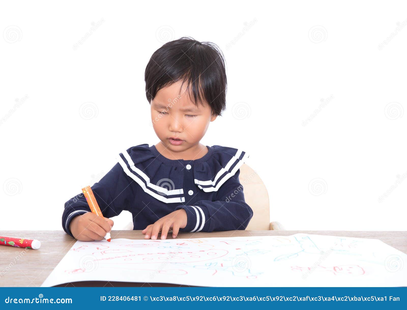 Cute Yellow-skinned Kid is Practicing Drawing Stock Image - Image of ...