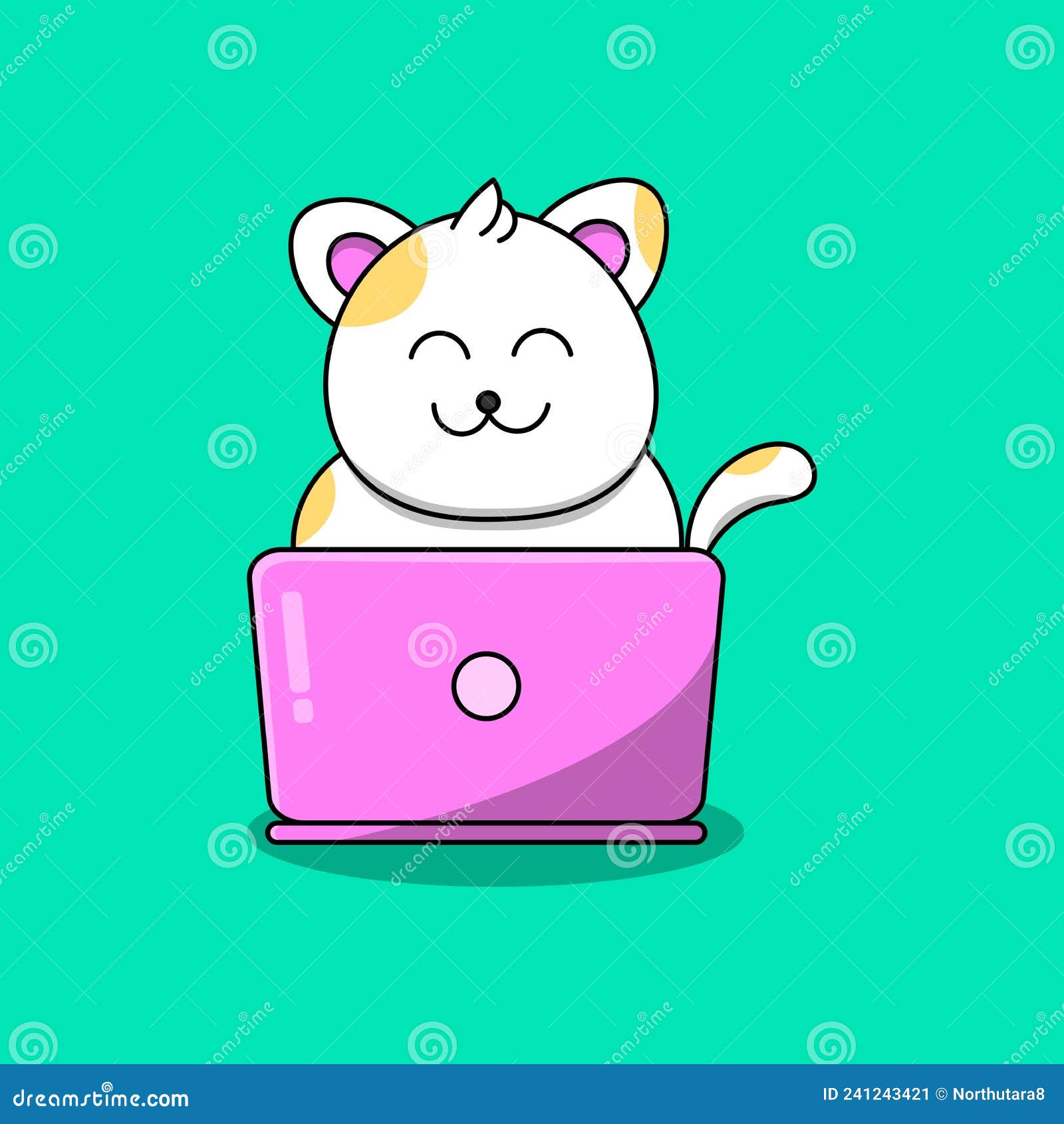 Cute Yellow-white Cat in Front of Computer Laptop Vector Illustration ...