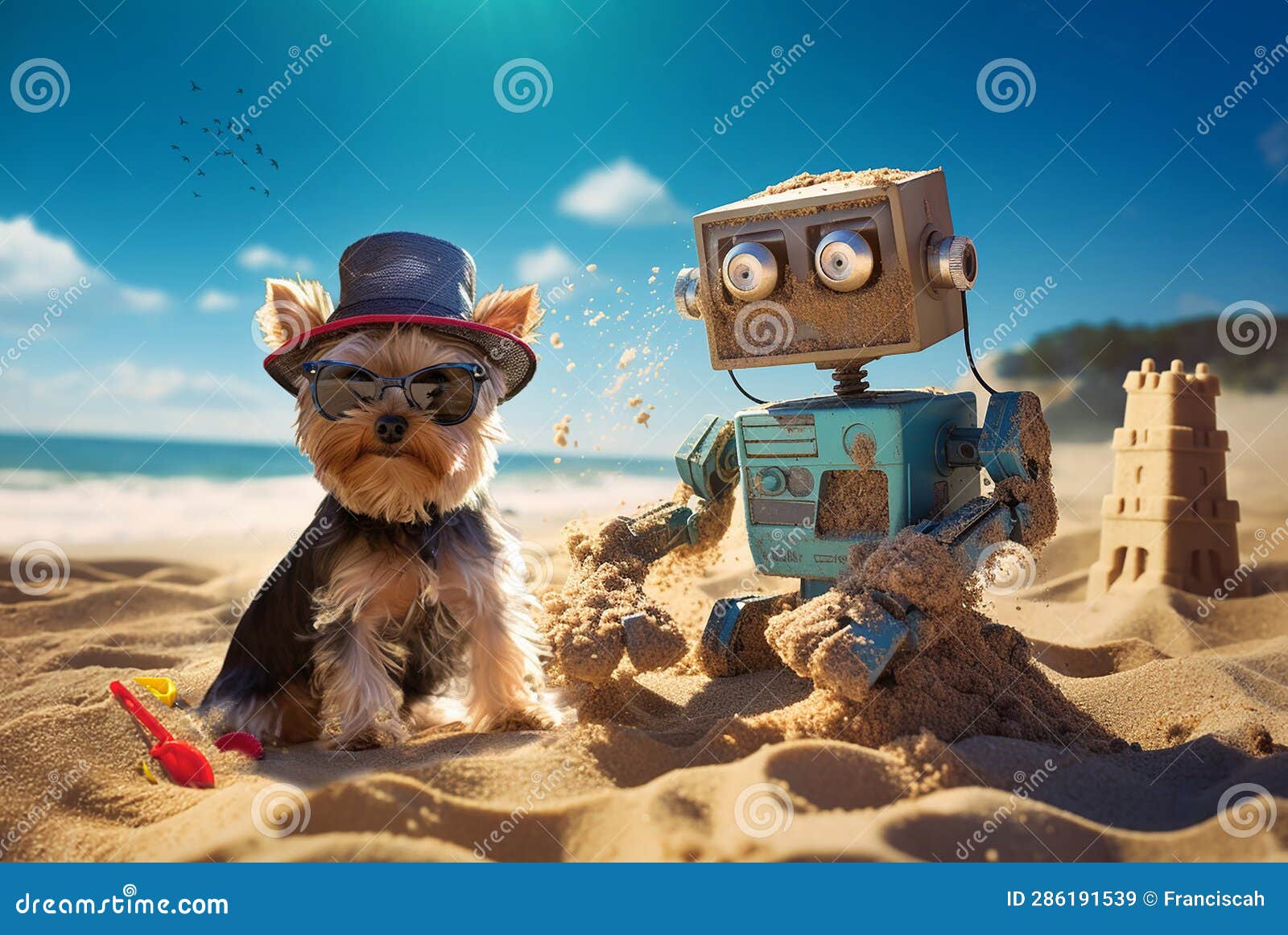 Cute Yorkie Playing with a Robot in the Beach. Created with Generative ...