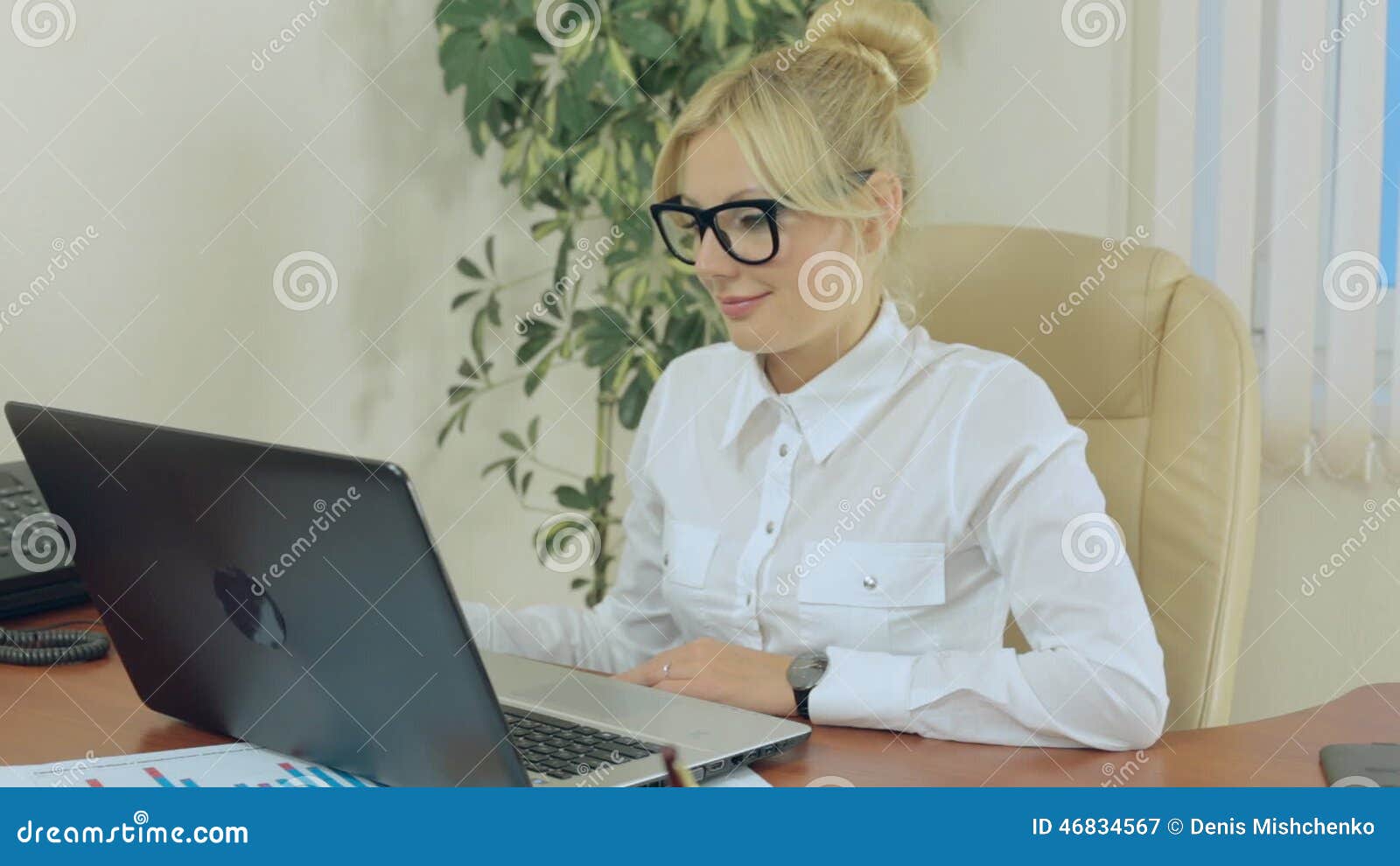 Cute Young Blonde Looks At The Monitor Adjusts Stock Video Video Of