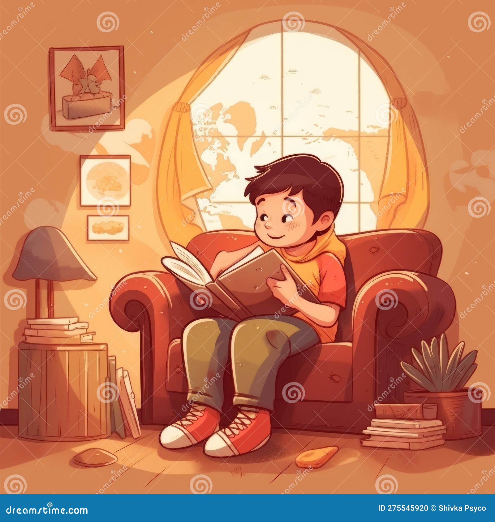 A Cute Young Boy Read a Book on the Sofa in His House Generative AI ...