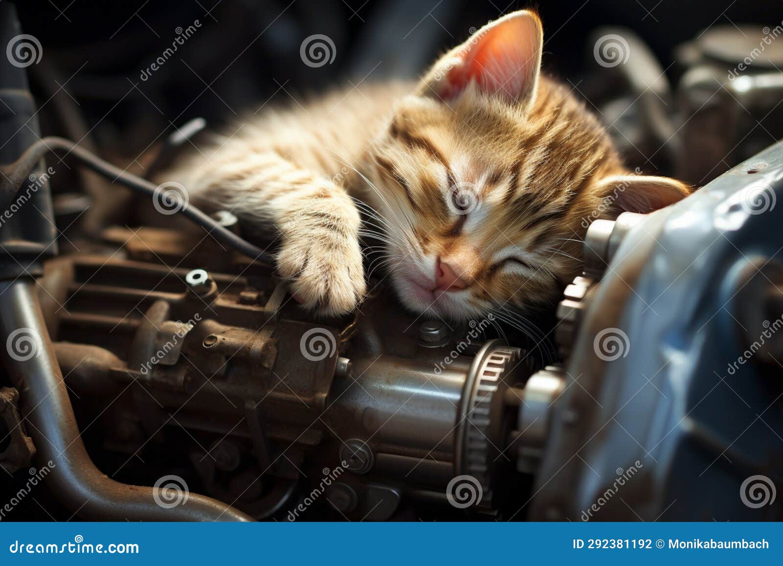 Cute Young Cat Sleeping Inside Warm Car Engine Stock Illustration ...