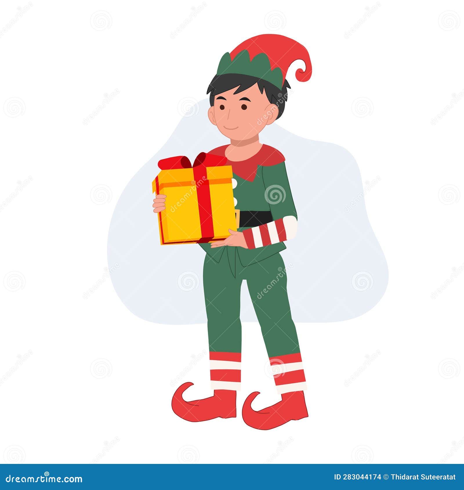 Cute Young Christmas Elf Boy with Present Box. Vector Illustration ...