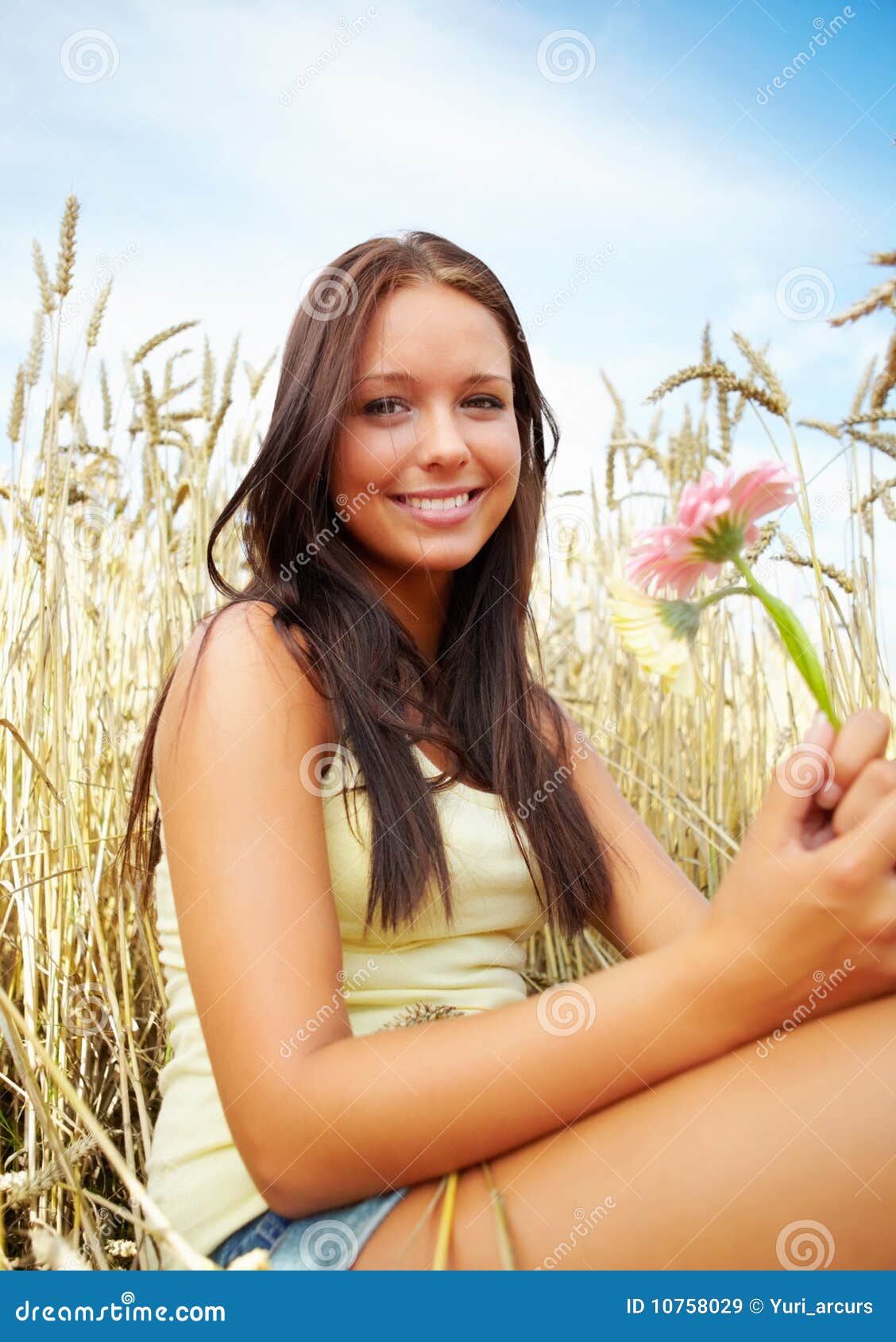 Cute Young Female with Flower at a Crop Field Stock Image - Image of ...