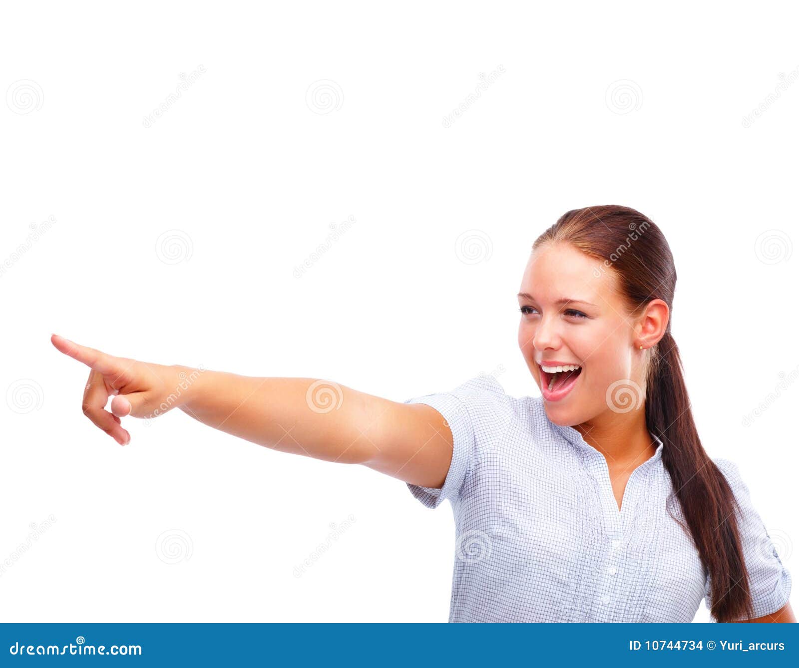 Cute Young Female Pointing Away Isolated on White Stock Photo - Image ...