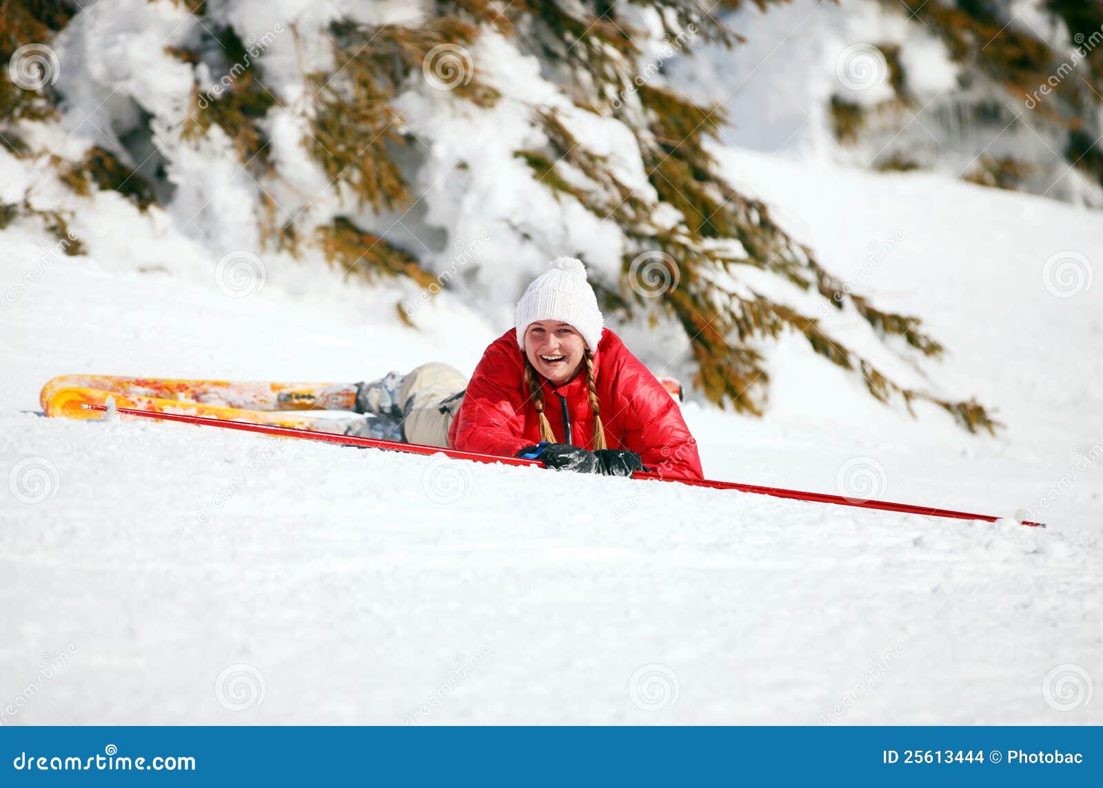 Cute Young Female Skier after Falling Down Stock Photo - Image of ...