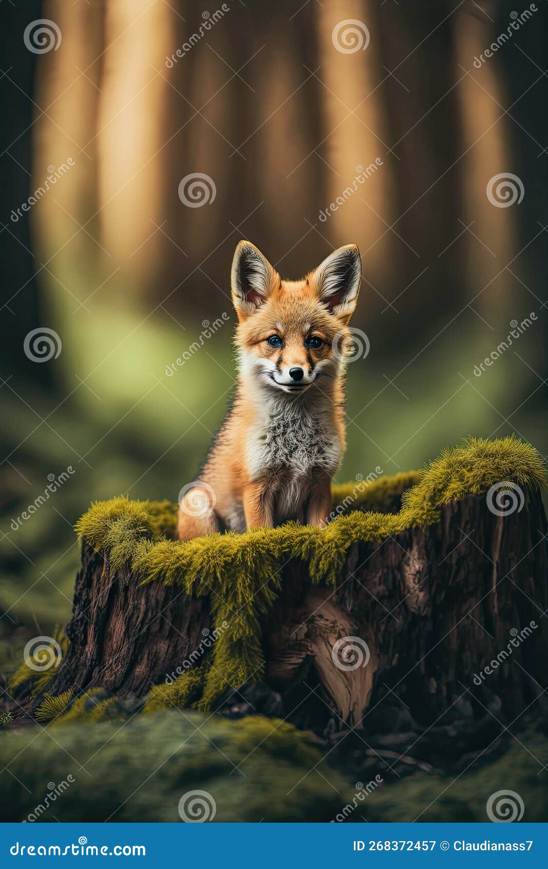 Cute Young Fox on a Stump in Forest, Ai Generative Stock Illustration ...