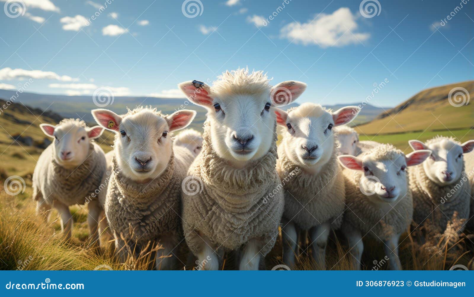 Cute Young Lamb Grazing in Green Meadow, Surrounded by Flock Generated ...