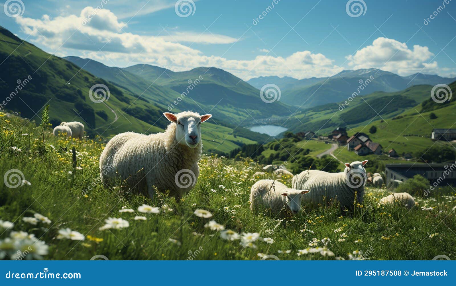 Cute Young Lambs Grazing in Green Meadow Under Blue Sky Generated by AI ...
