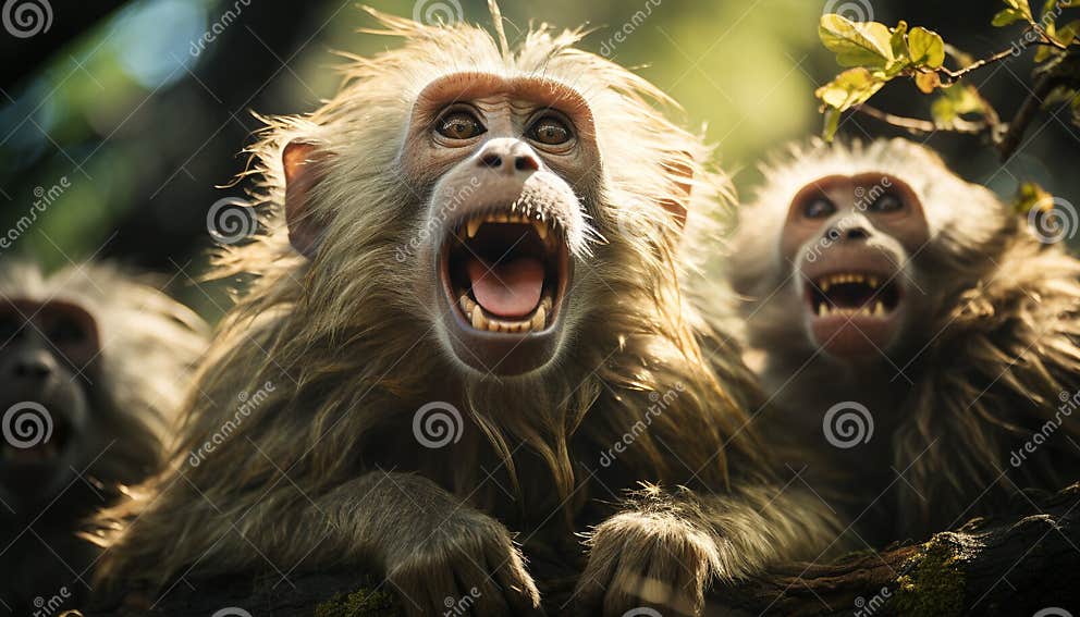 Cute Young Monkey Yawning, Screaming, and Laughing in the Forest ...