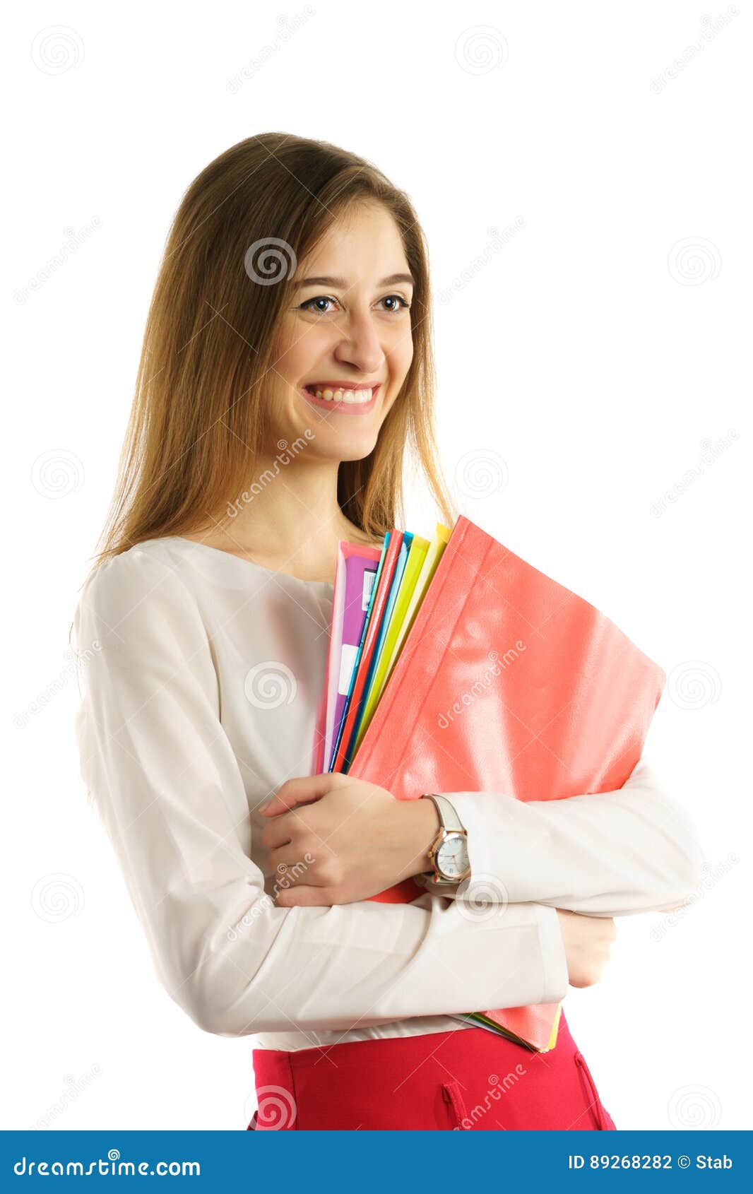 Cute Young Student Girl with Folders Stock Photo - Image of office ...