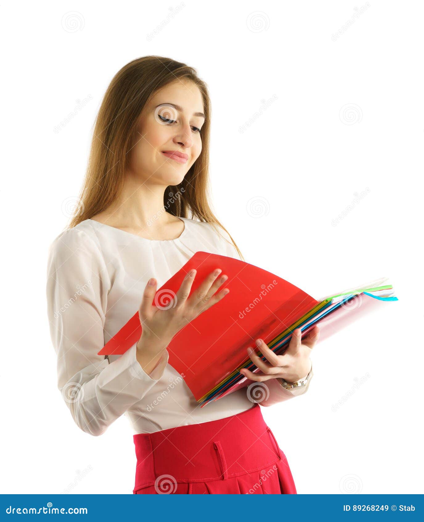 Cute Young Student Girl Read Folders Stock Image - Image of beautiful ...