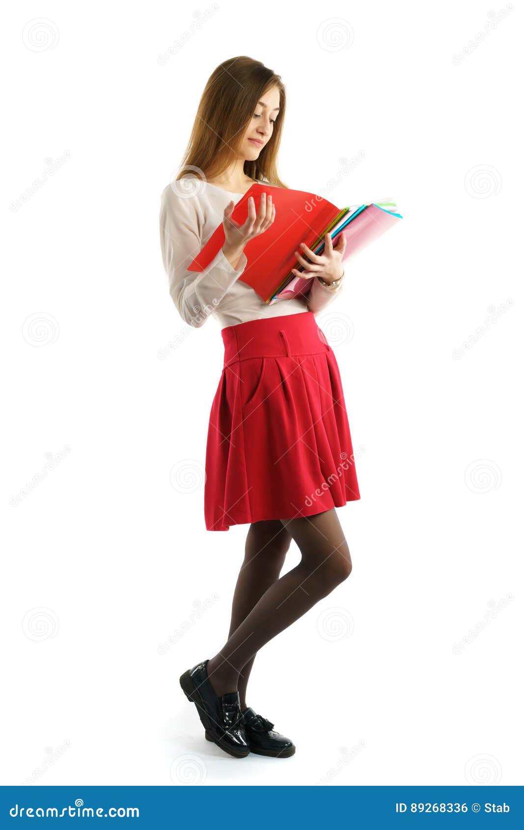 Cute Young Student Girl Read Folders Stock Photo - Image of natural ...