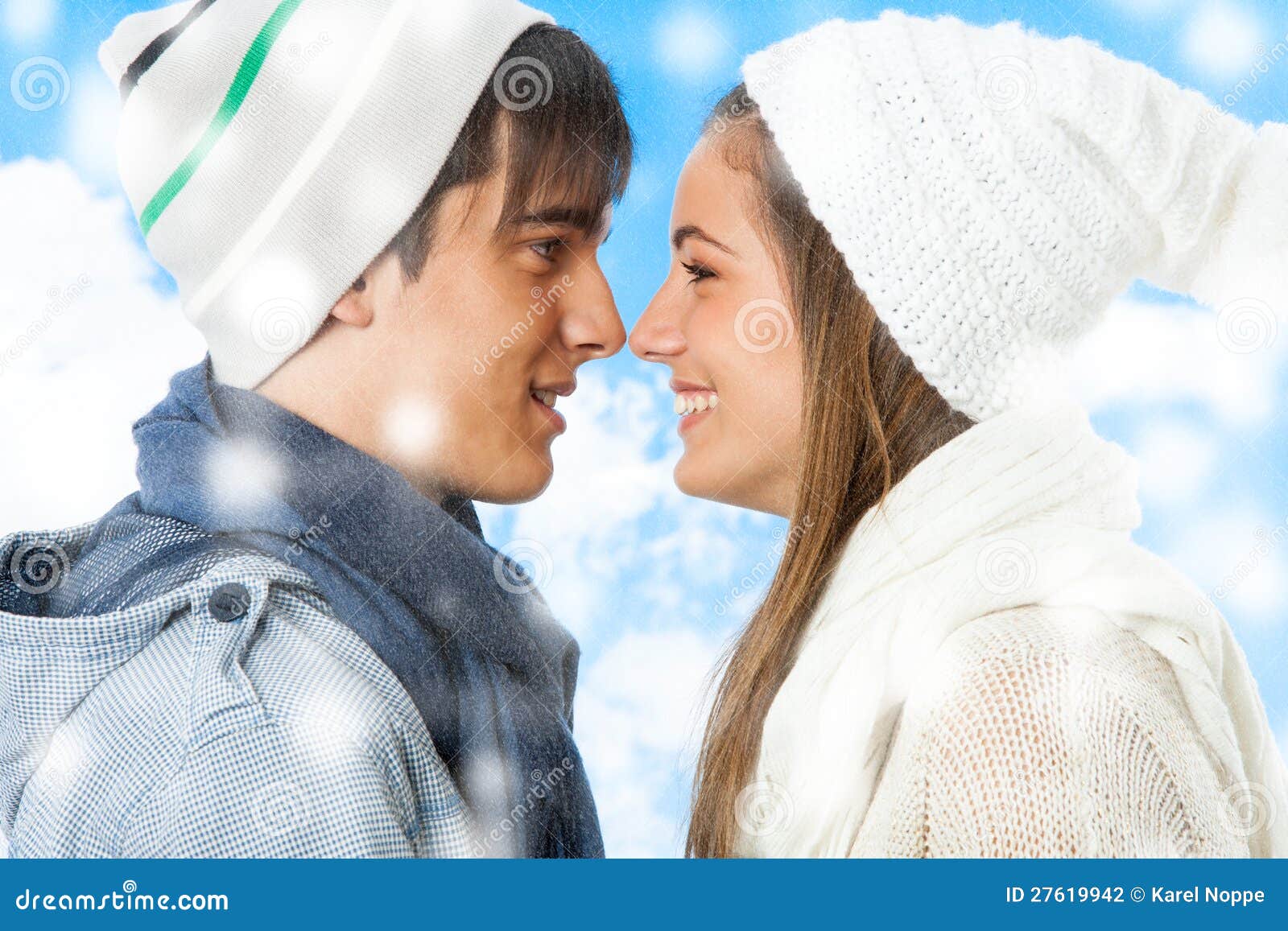 Cute young winter couple. stock photo. Image of face - 27619942