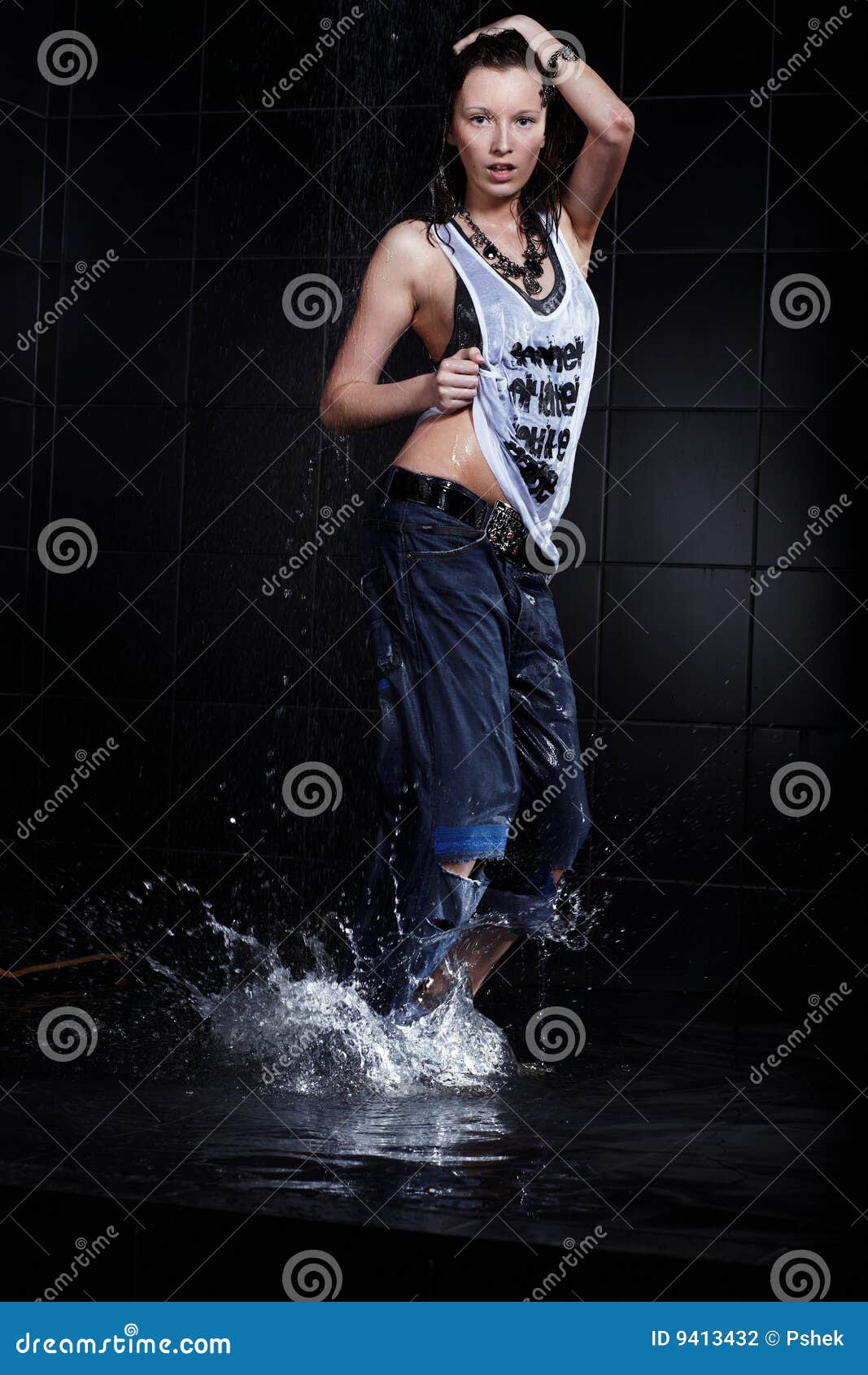 Cute Young Woman Dancing in Water Stock Photo - Image of adult, action ...