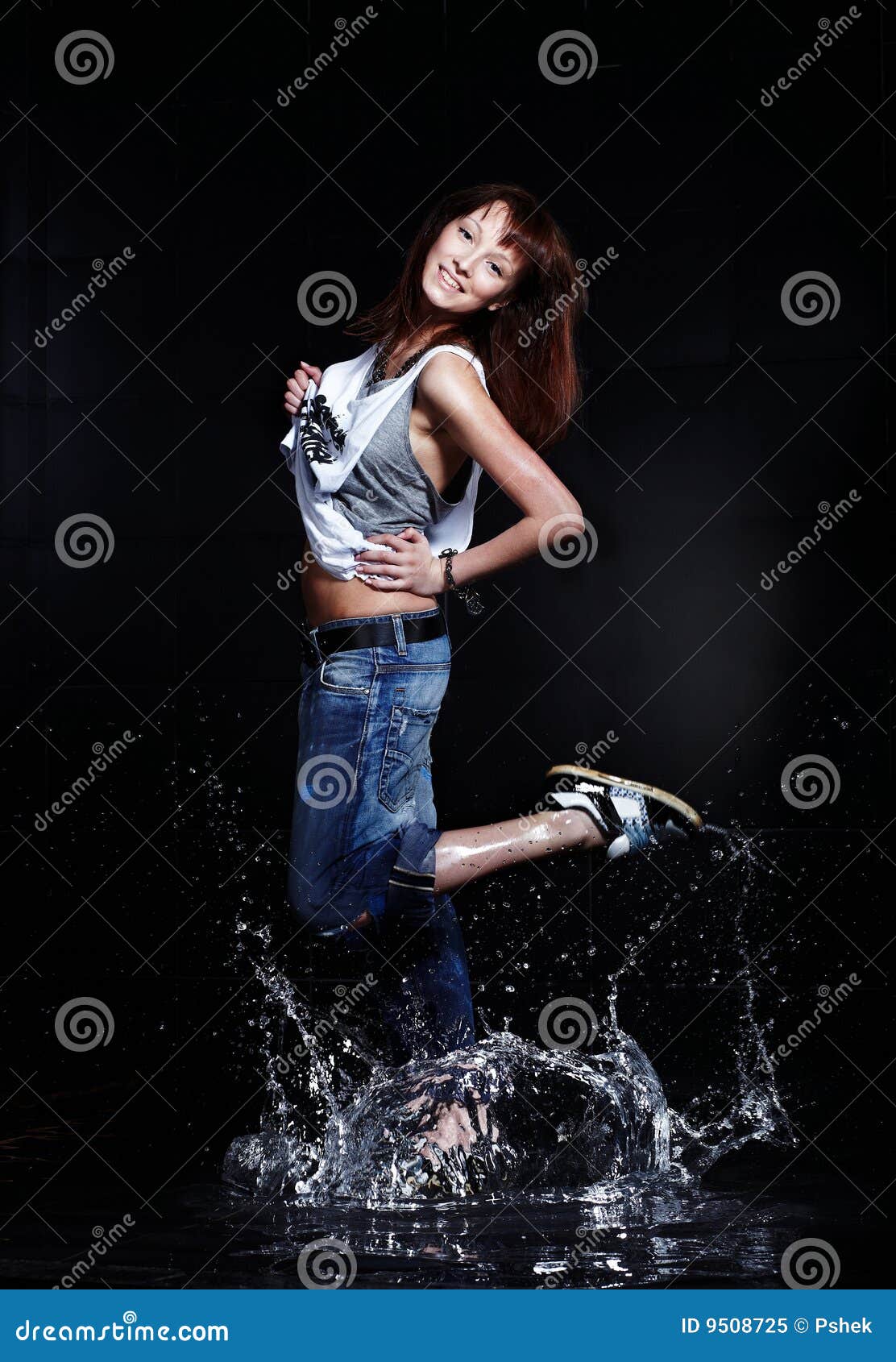 Cute Young Woman Dancing in Water Stock Image - Image of dancing, music ...