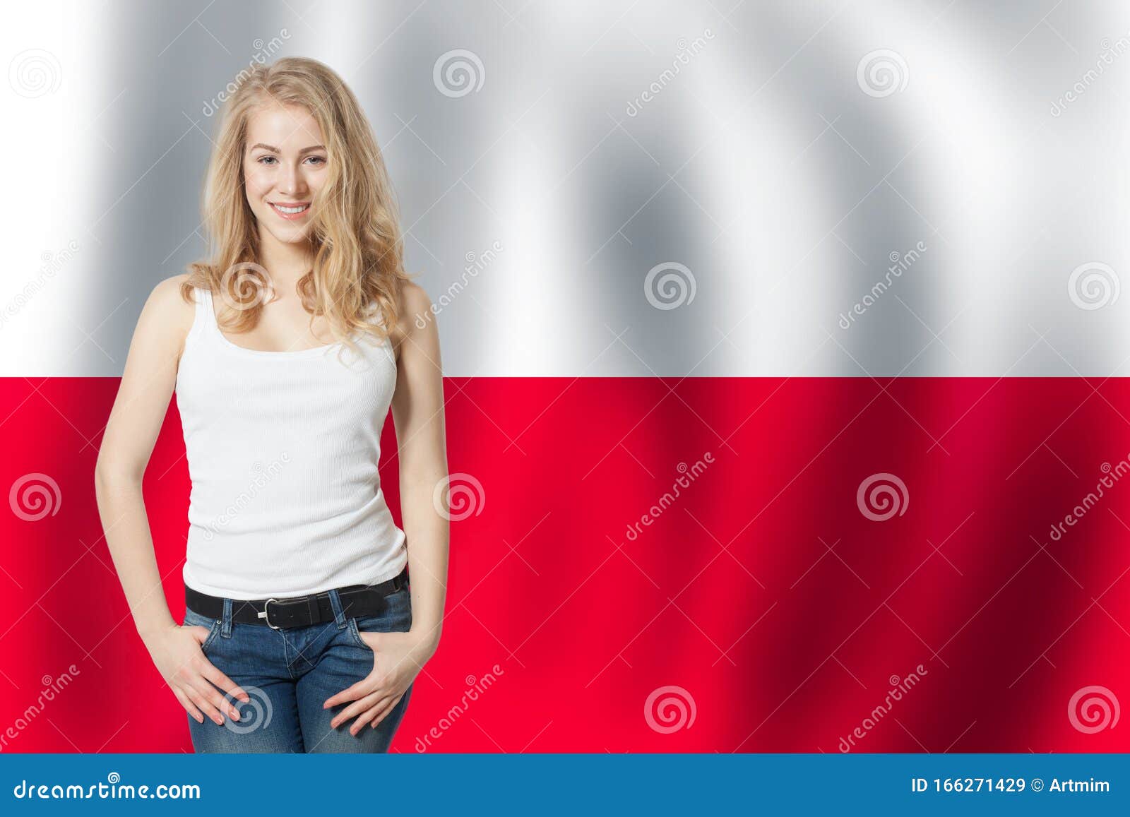 Cute Young Woman On The Poland Flag Background Travel And Learn Polish Language Concept Stock 4124