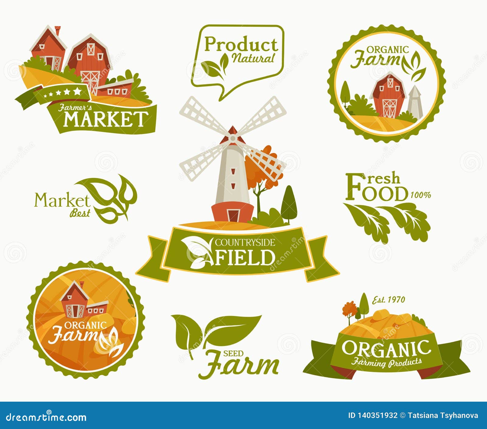 Farming Landscape Stickers. Vector Illustration with Barn, Houses and ...