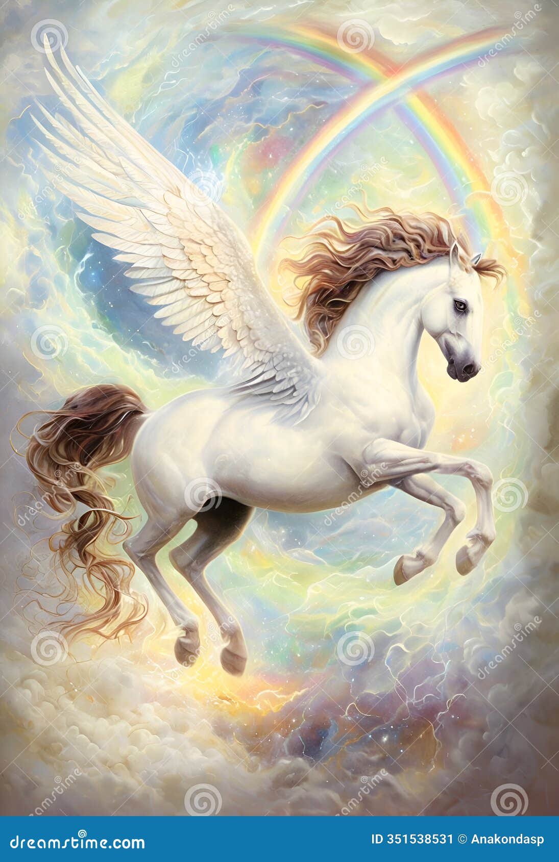 Cutest Beautiful White Pegasus Flying at Clouds Sky with Rainbow ...