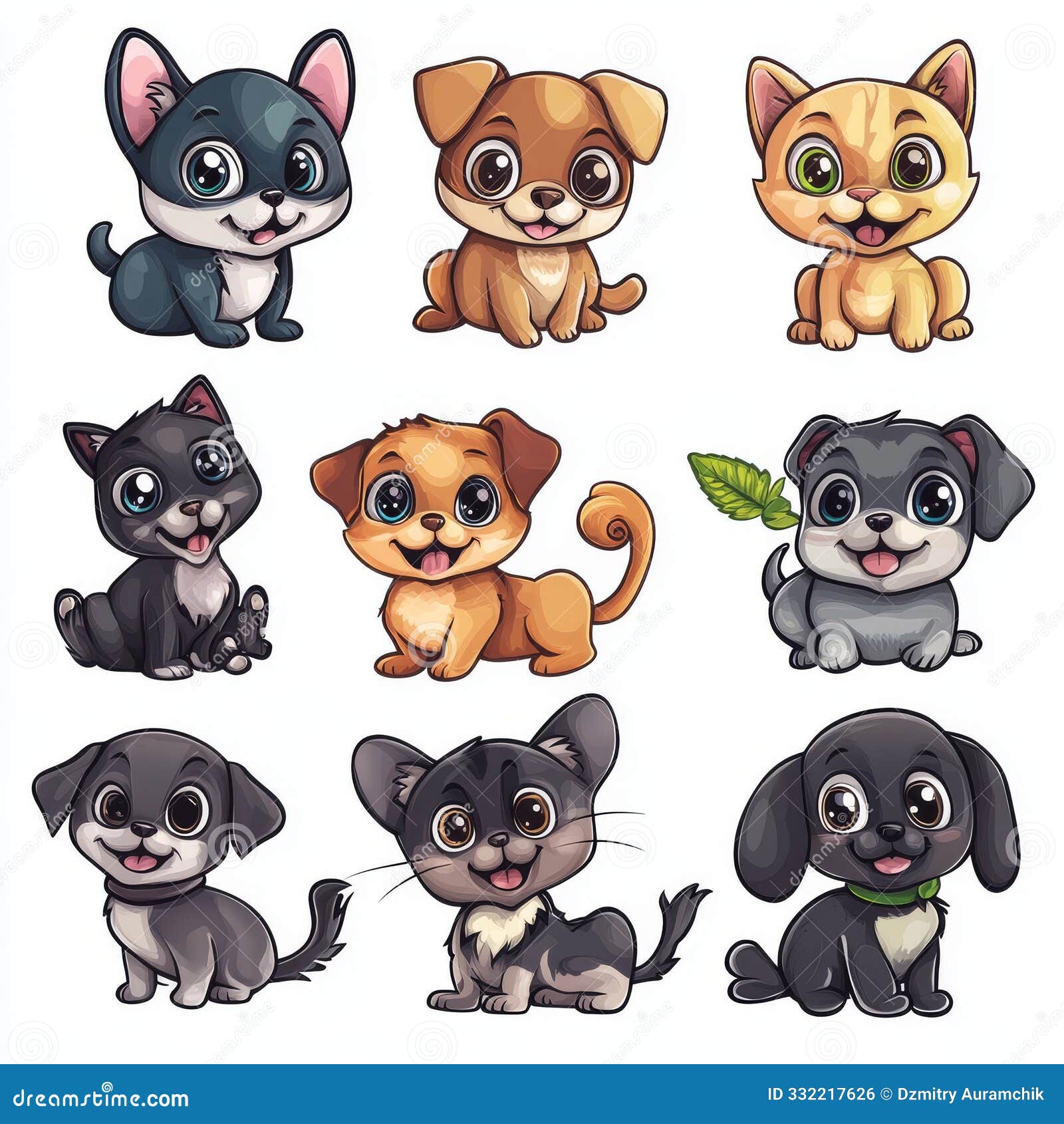 The Cutest Cartoon Pets Collection with Big Eyes Stock Photo - Image of ...