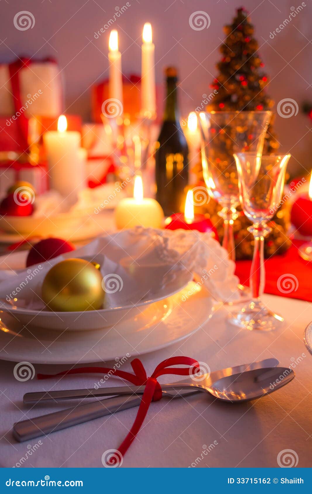 Cutlery with Red Ribbon on the Holiday Table Stock Photo - Image of ...
