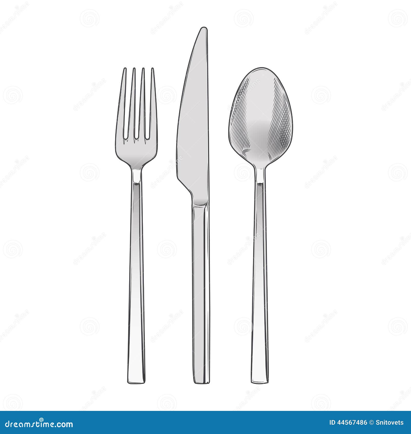Cutlery Set Of Fork Knife And Spoon Isolated On A White Background Hand Drawn Color Line Art