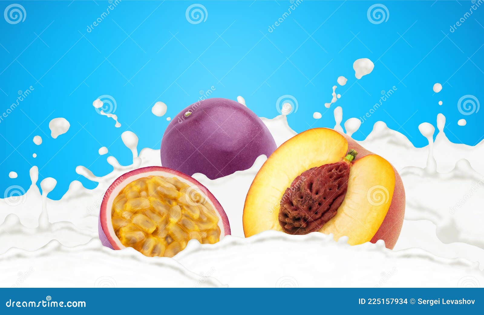 Cutted Peach And Passion Fruit In Milk Splashes Isolated On A Blue