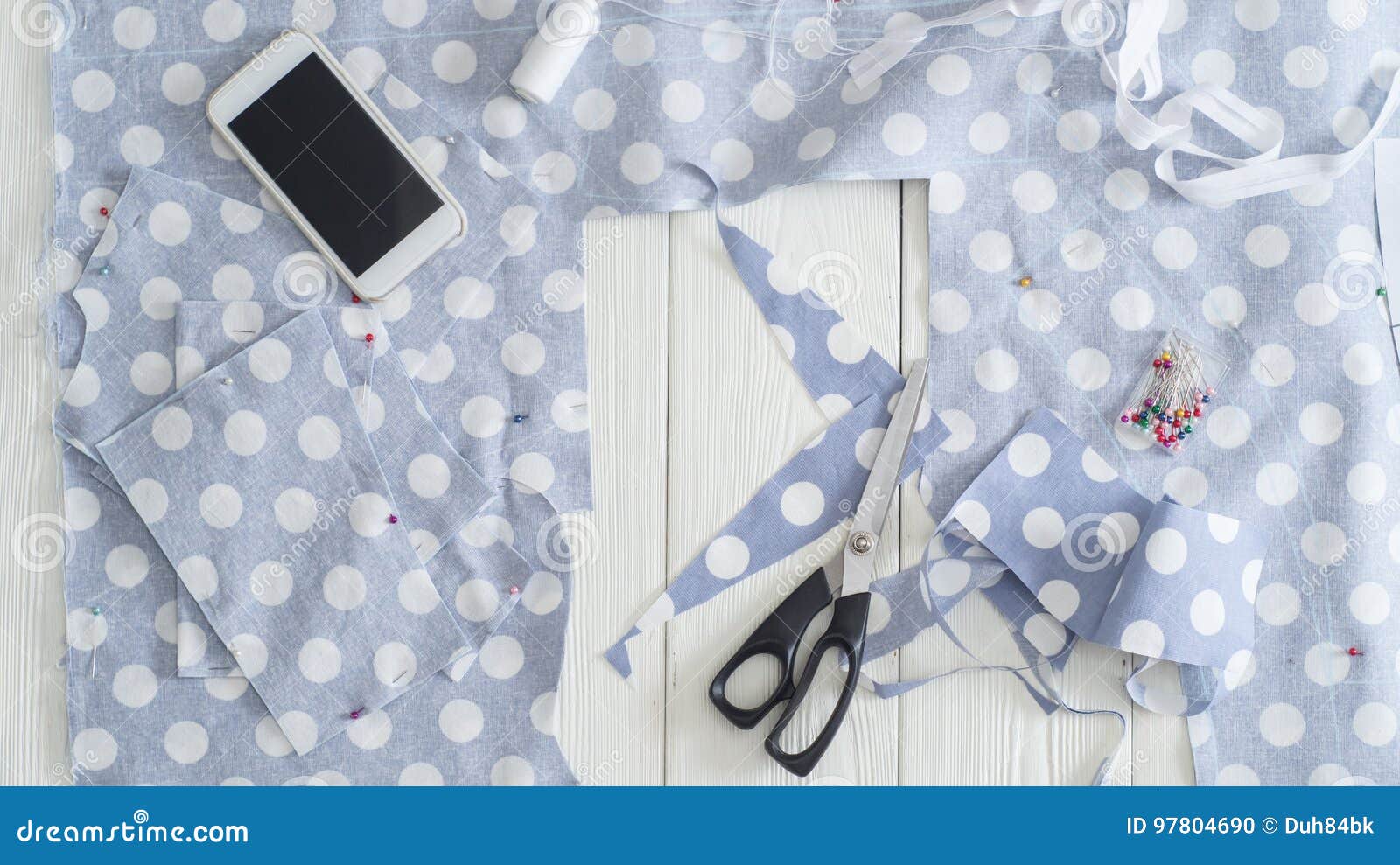 Cutting Fabric Polka Dot Sewing the Pattern Stock Photo - Image of ...