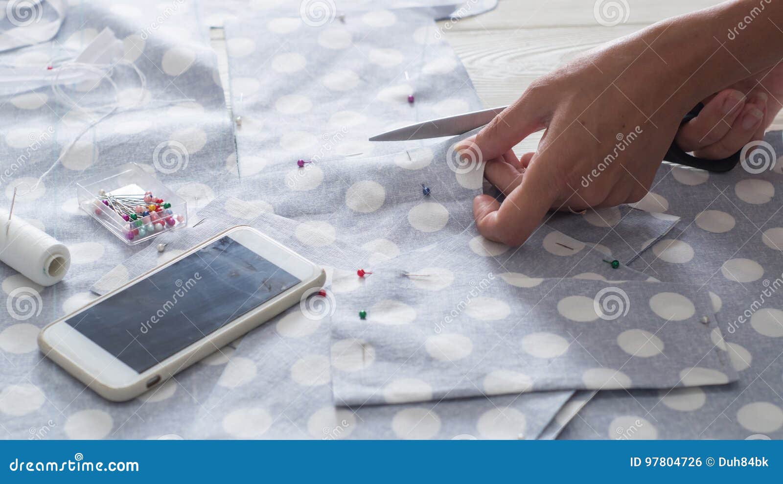 Cutting Fabric Polka Dot Sewing the Pattern Stock Photo - Image of ...