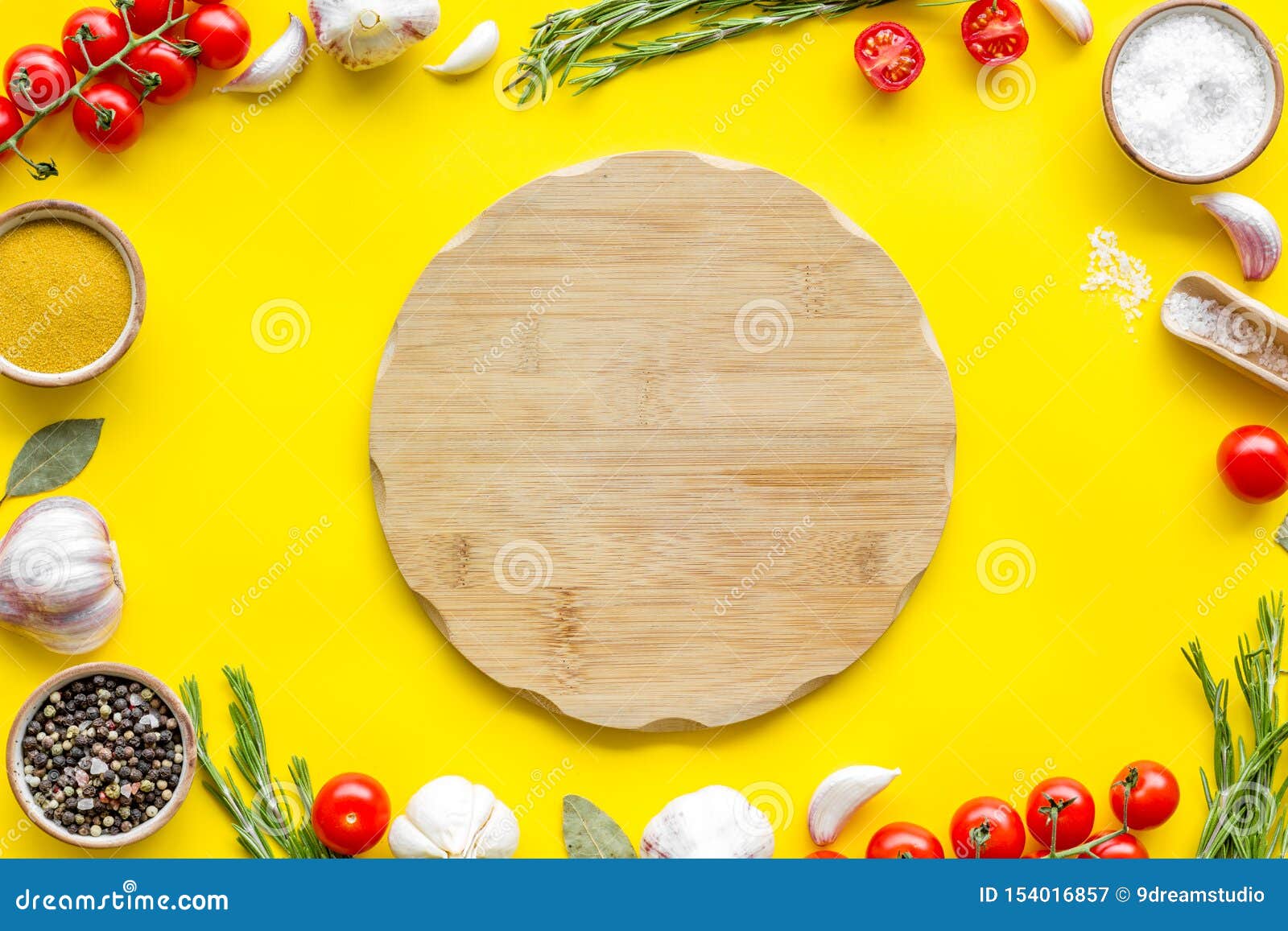 Cutting Board in Frame of Food for Chef Work on Yellow Background Top ...