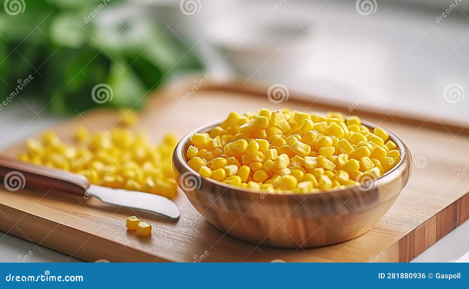 Cutting Board with Spoon and Bowl of Canned Corn Kernels on White Table ...