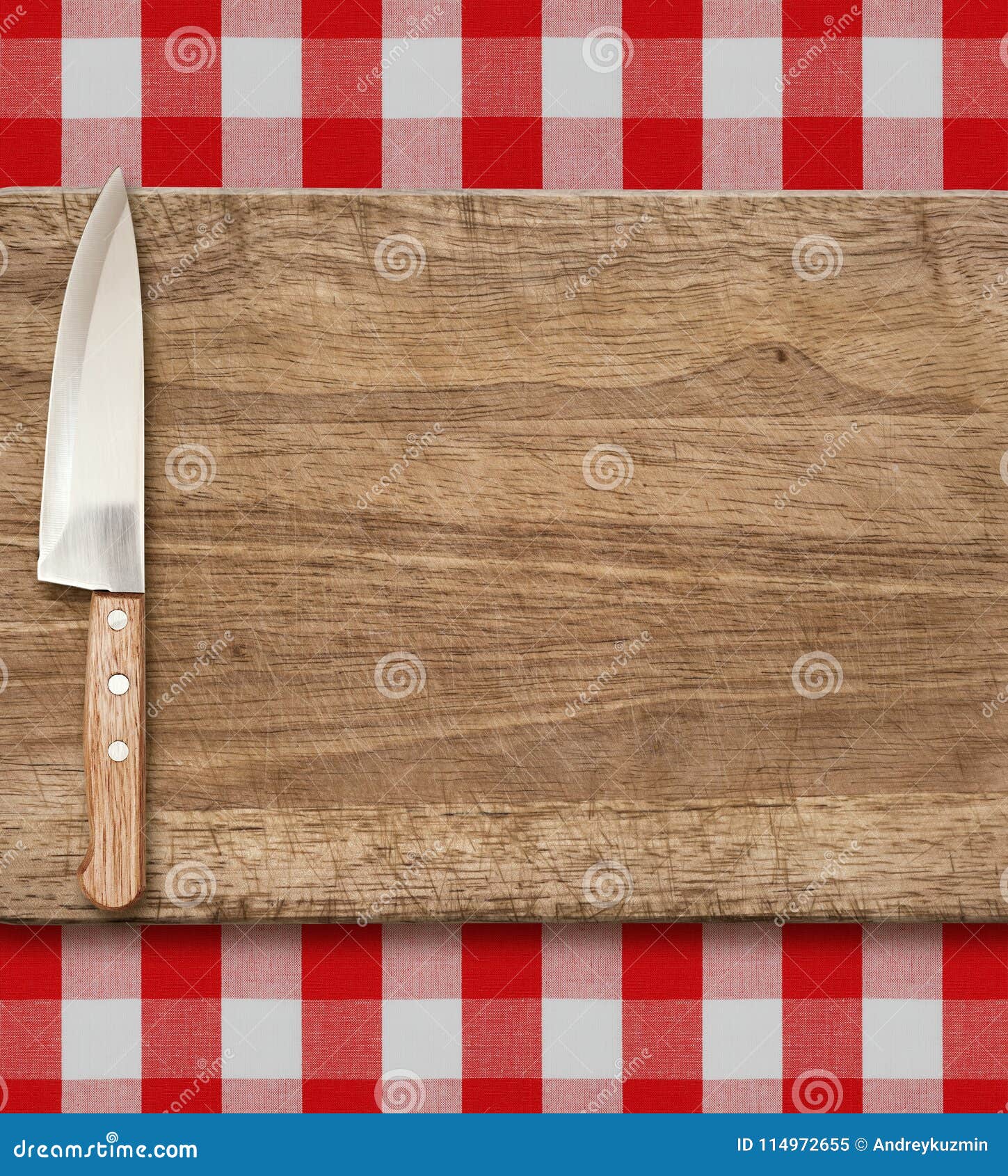 Cutting Breadboard and Kitchen Knife. Cooking Set Over Red Gingham ...