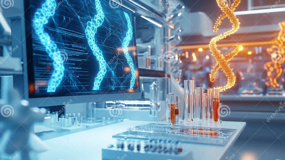 Cutting-Edge Biotechnology Lab with Digital Screens and Genetic Data ...