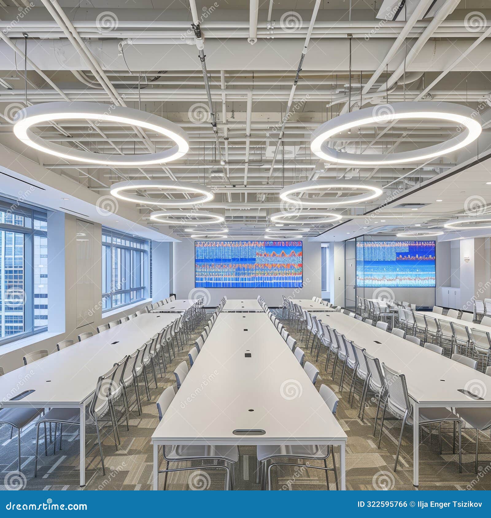 Cutting Edge Conference Room with Tech and Data Displays for Forward ...