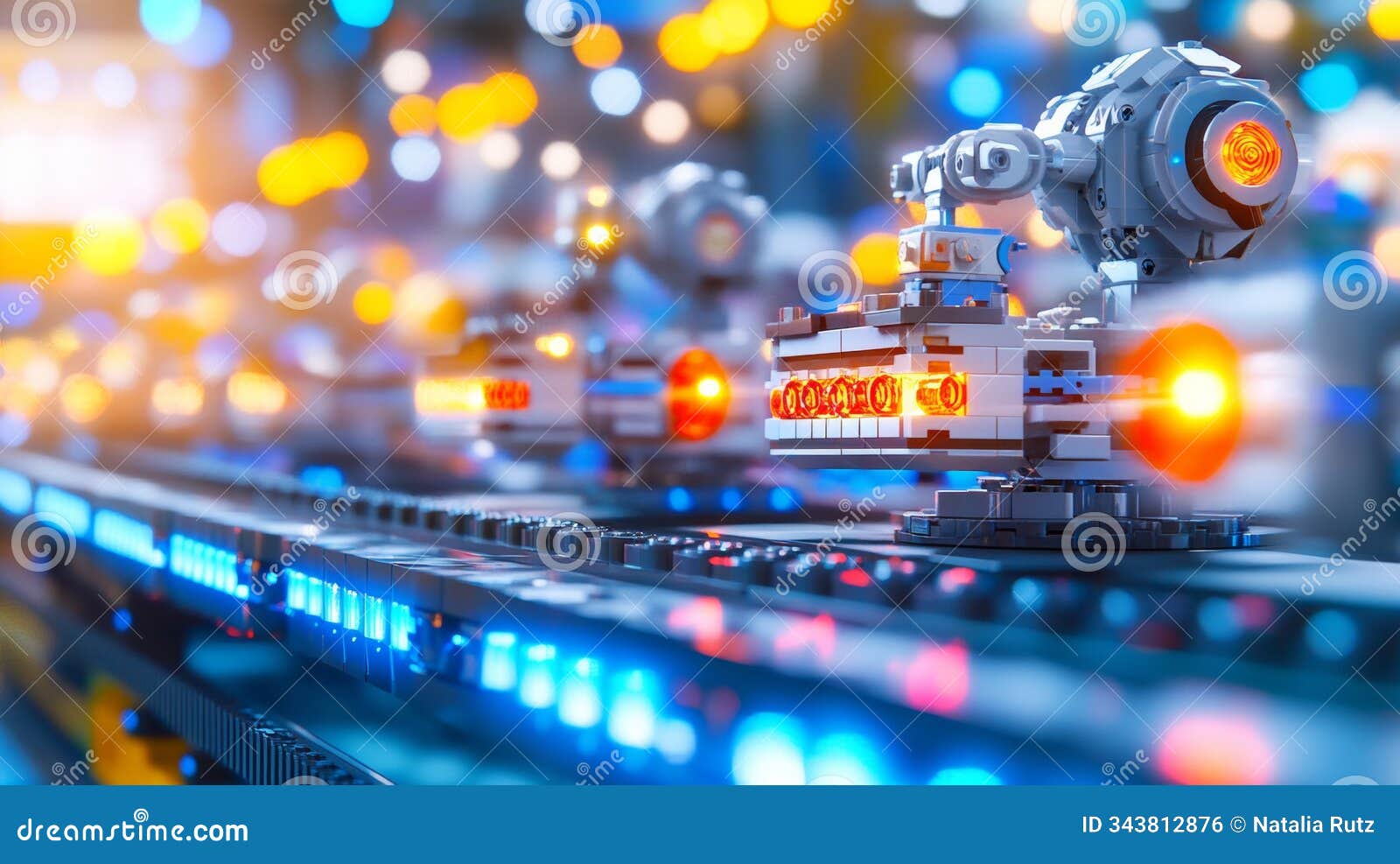 AI-controlled Robotic Arms Assemble Components in a Vibrant Futuristic ...