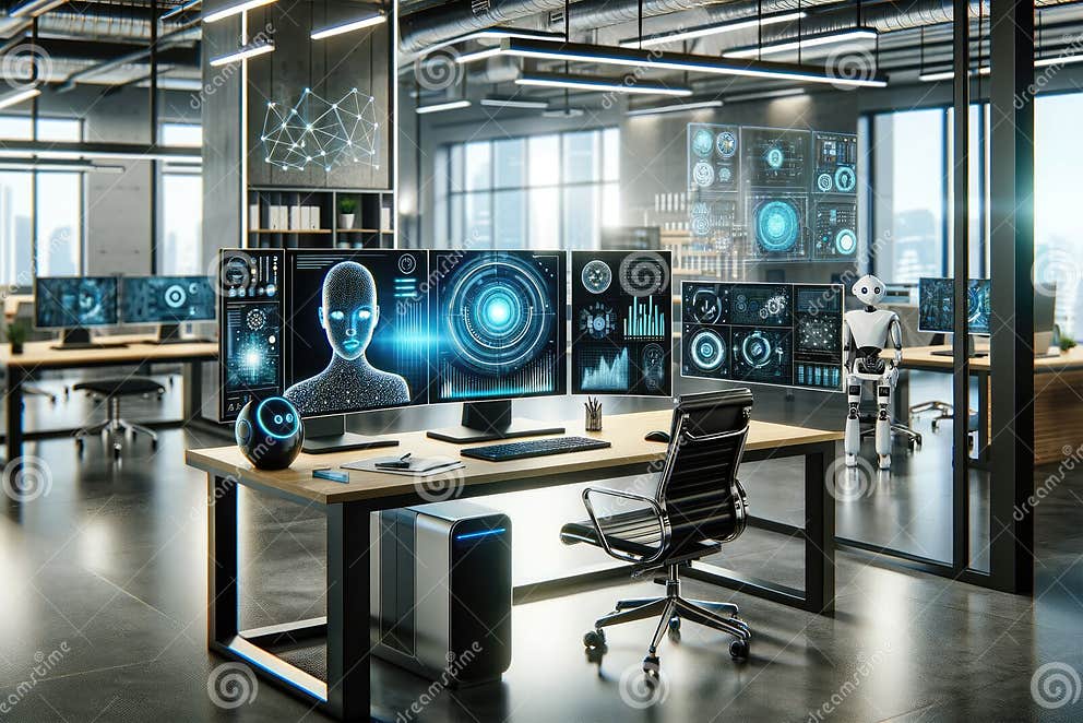 AI Revolution in a Sleek Modern Workspace Stock Illustration ...