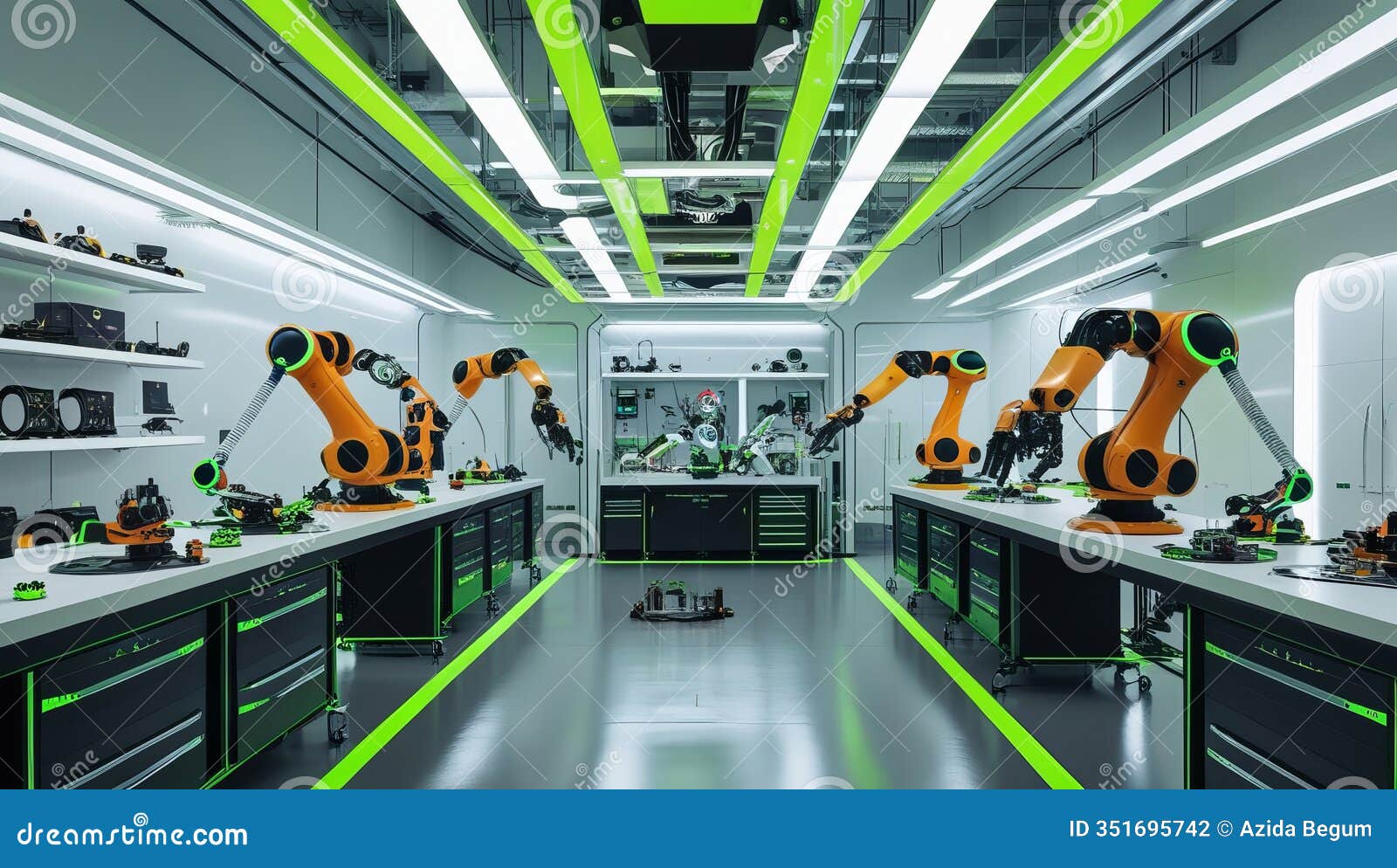 A Cutting-edge Robotics Lab Featuring Synchronized Robotic Arms Stock Illustration ...