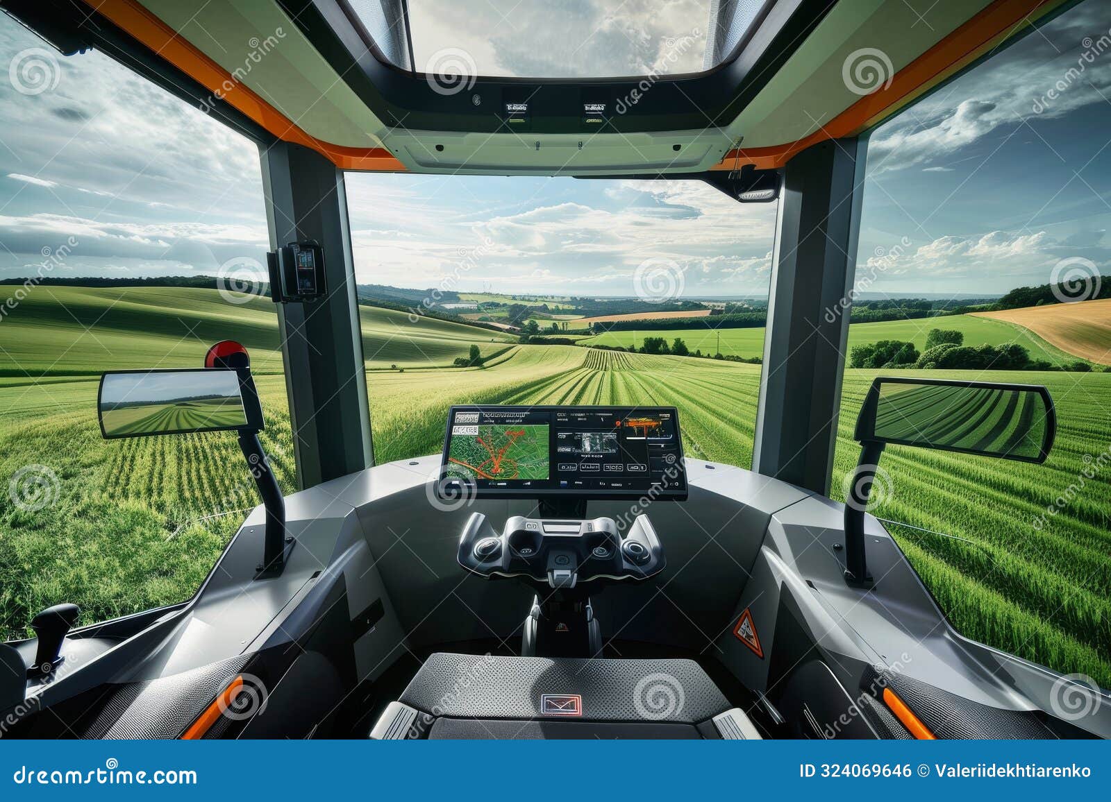 Cutting-edge Tractor Interior with a Panoramic View of Rolling Green ...