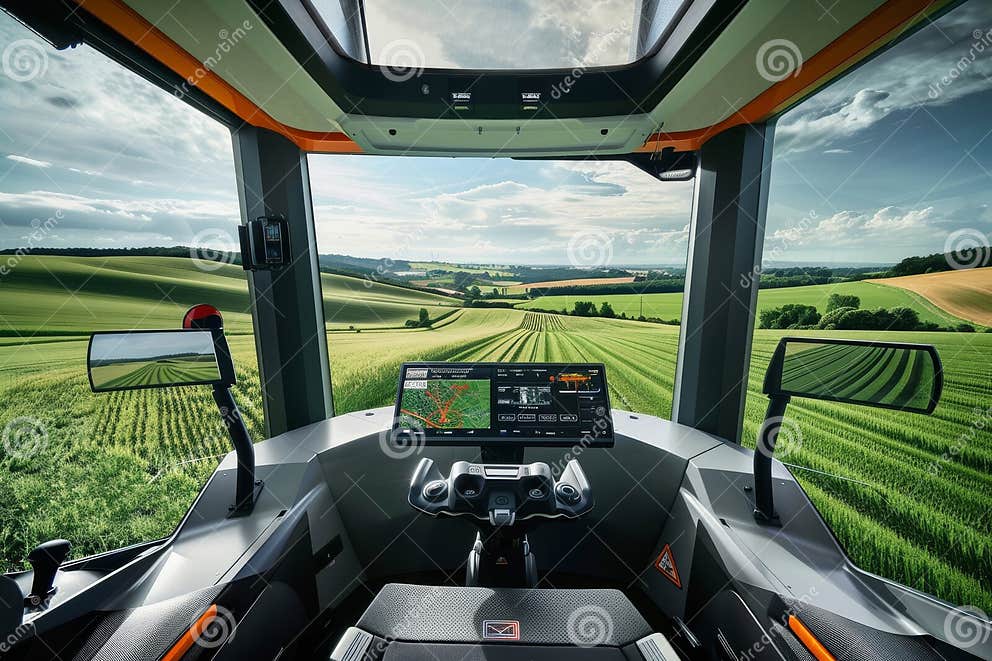 Cutting-edge Tractor Interior with a Panoramic View of Rolling Green ...